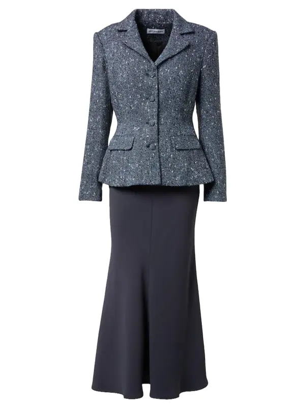 SELF-PORTRAIT Bouclé And Crêpe Midi Dress - Blue