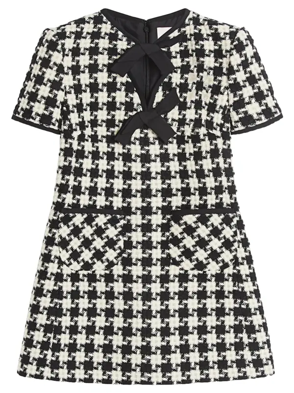 Valentino Garavani Tweed Houndstooth Mini Dress With Bow - Ivory Black