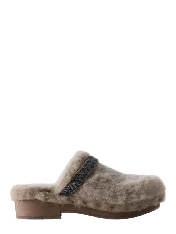 Brunello Cucinelli Bead-embellished Shearling Clogs - Brown