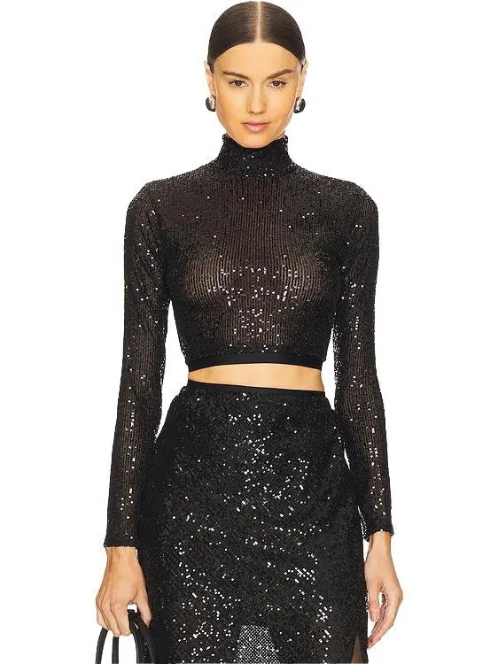 Enza Costa Sequin Cropped Long Sleeve Mock Neck Top - Black