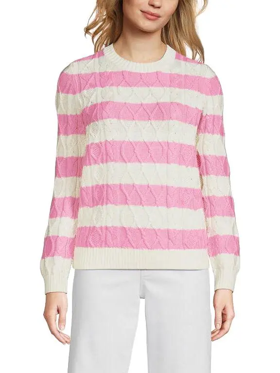 LANDS' END Cotton Drifter Crew Cable Pullover Sweater - Light Rose Pink Classic Stripe