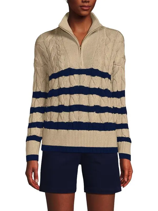 LANDS' END Drifter Cotton Quarter Zip Pullover Sweater - Champagne/deep Sea Gulf Stripe