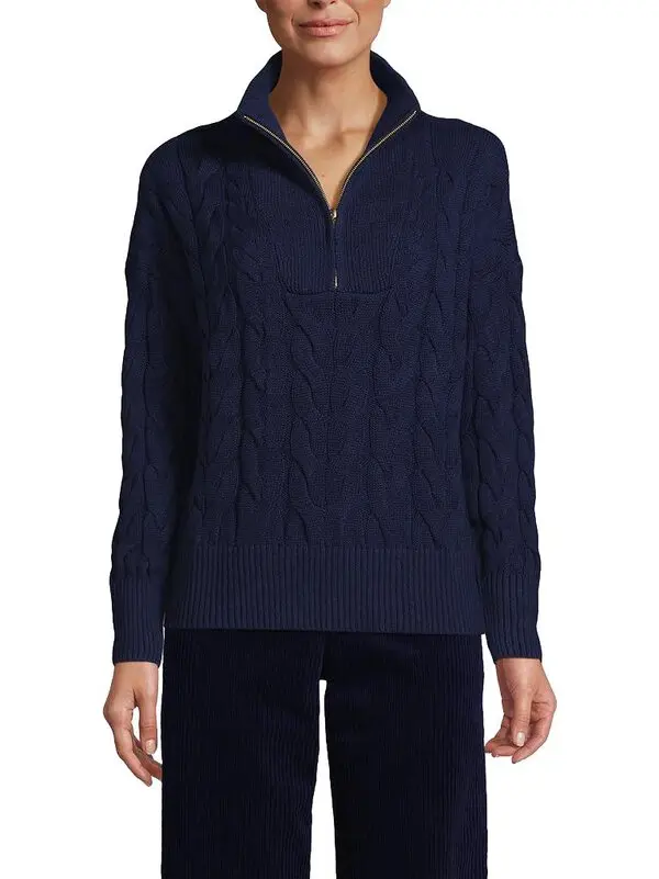 LANDS' END Drifter Cotton Quarter Zip Pullover Sweater - Deep Sea Navy