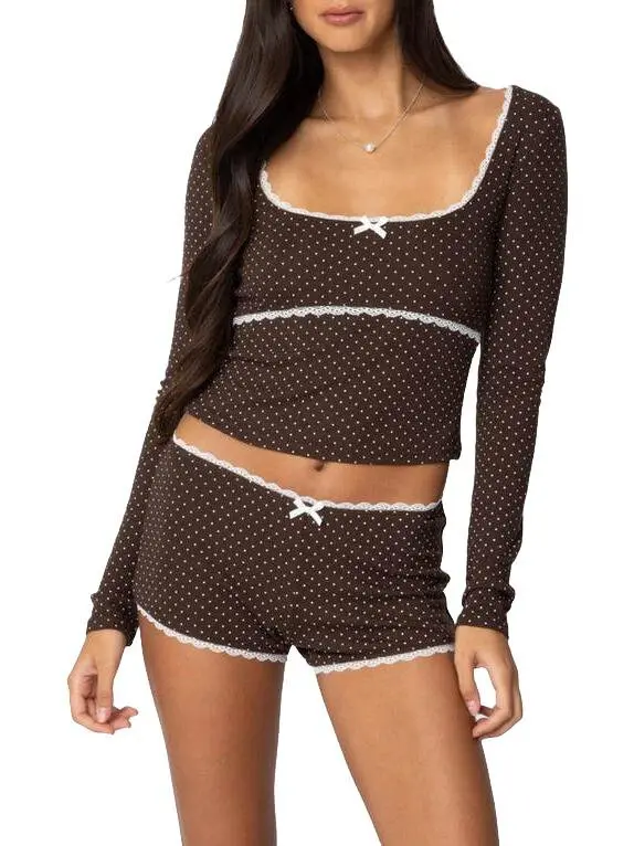 EDIKTED Juliana Polka Dot Crop Top - Brown