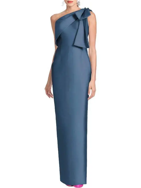 Sachin & Babi Bonnie Bow Shoulder Gown - Steel Blue