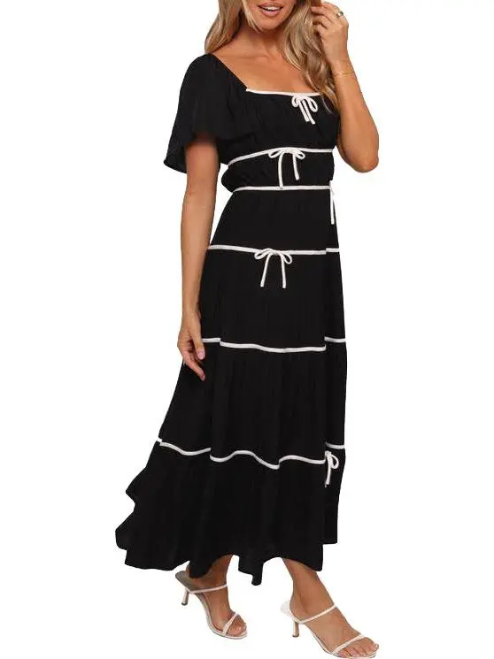 PETAL & PUP Harvey Bow Tiered Maxi Dress - Black/ White