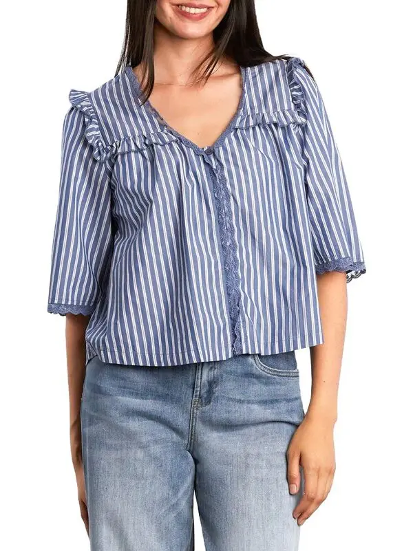 BILLY T Juliet Lace & Ruffle Cotton Blend Top - Regatta Blue