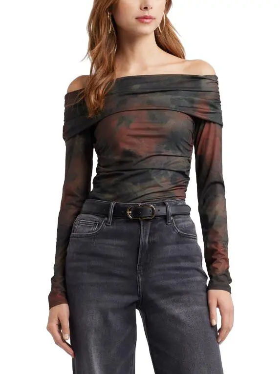 OPEN EDIT Off-the-shoulder Knit Top - Olive- Rust Mineralized Print