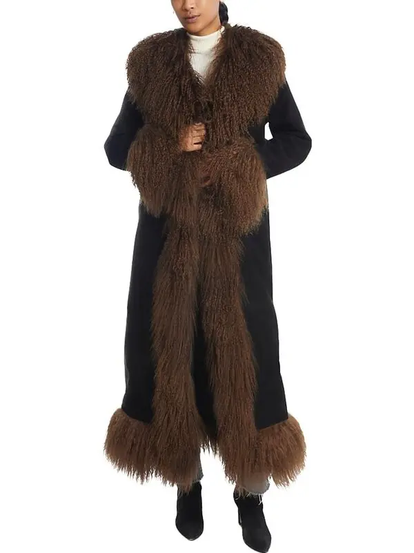 SUSANNA CHOW Dorothy Suede & Shearling Trim Maxi Coat - Black/brown Trim