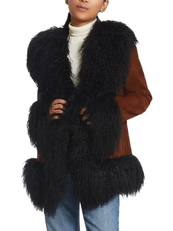 SUSANNA CHOW Dorothy Suede & Shearling Trim Coat - Cognac/black Trim