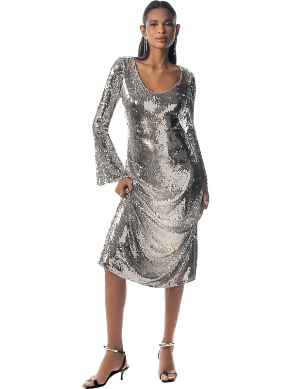 HUTCH Long-sleeve Sequin Midi Dress - Silver