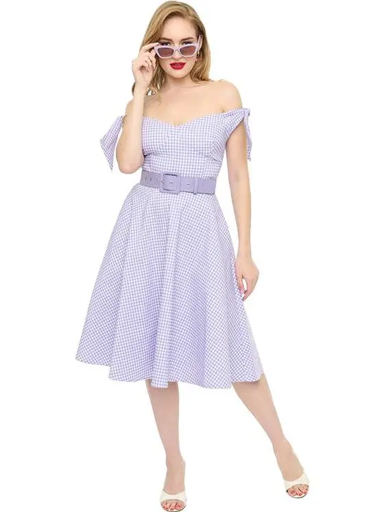 Unique Vintage Prairie Swing Dress - Purple & White Gingham