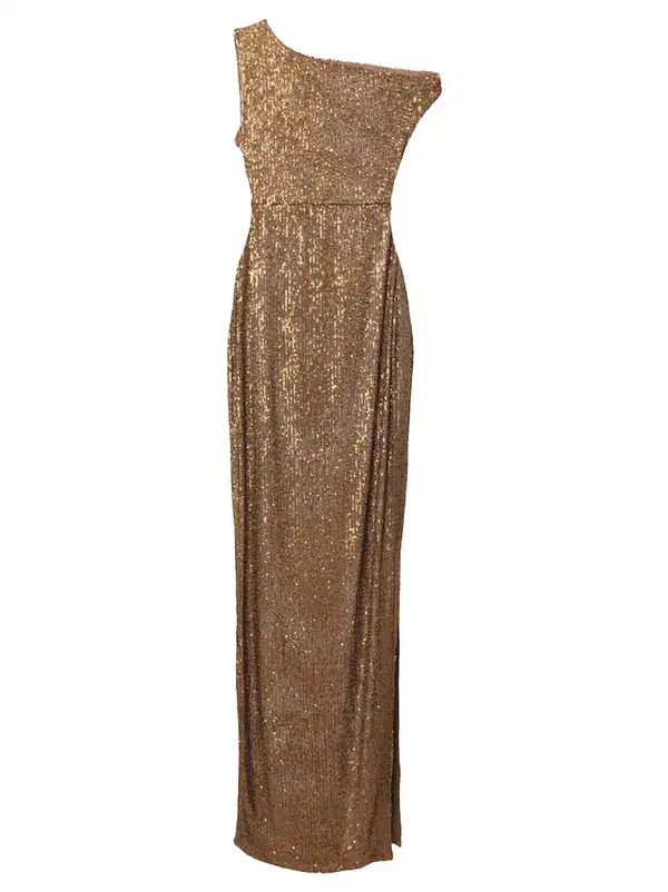 green emerald velvet dress Zapaka Women Sparkly Gold Sequins Long Pageant Dress with Side Cape Mermaid One Shoulder Prom Dress, Golden / UK14 main image 0