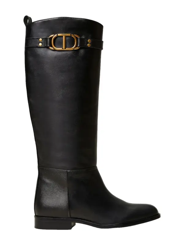 TWINSET Oval T Leather Knee High Boots - Black