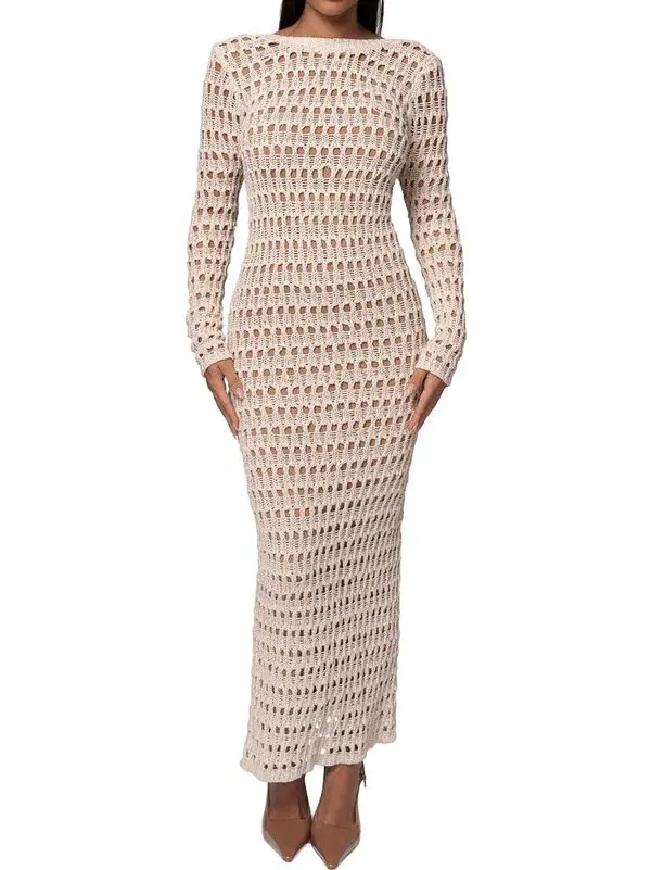 JLUXLABEL Serene Wonders Open Stitch Long Sleeve Dress - White