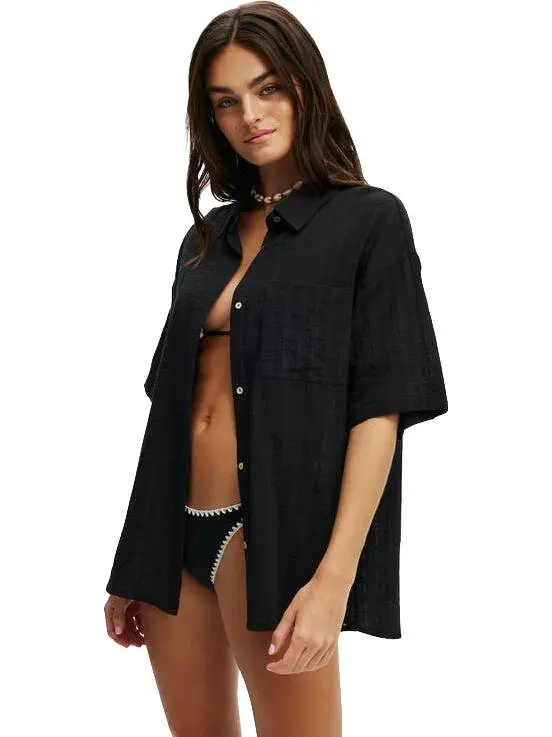 Cotton:on The Essential Short Sleeve Beach Shirt - Textured Black