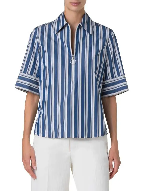Akris Stripe Half Zip Shirt - Navy-cream