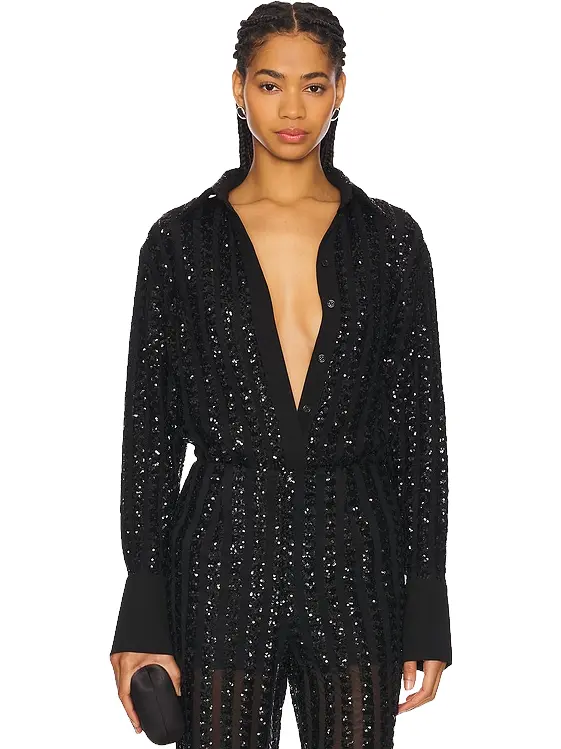 SANS FAFF Striped Sequin Long Sleeve Blouse - Black