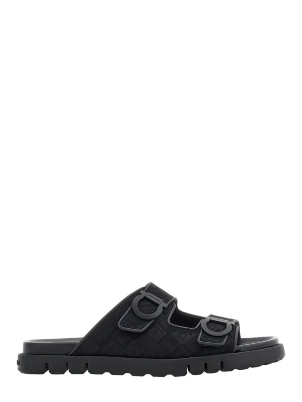 FERRAGAMO Dual-buckle Gancio Slide Sandals - Nero/logo