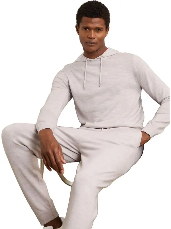 REISS Holland Merino Wool Hoodie - Wicker Brown Melange