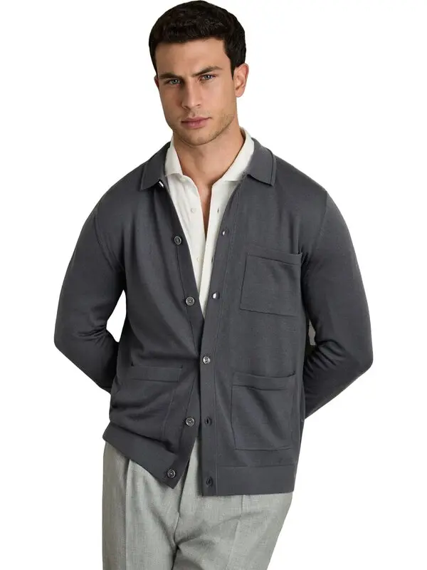 REISS Munich Merino Wool Cardigan - Blackend Blue