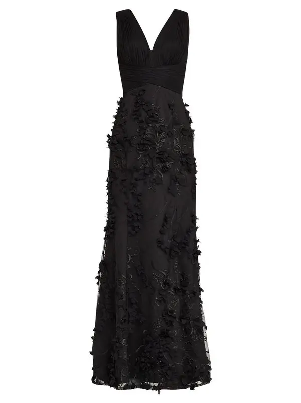 Aidan Mattox Embroidered Floral Applique Gown - Black