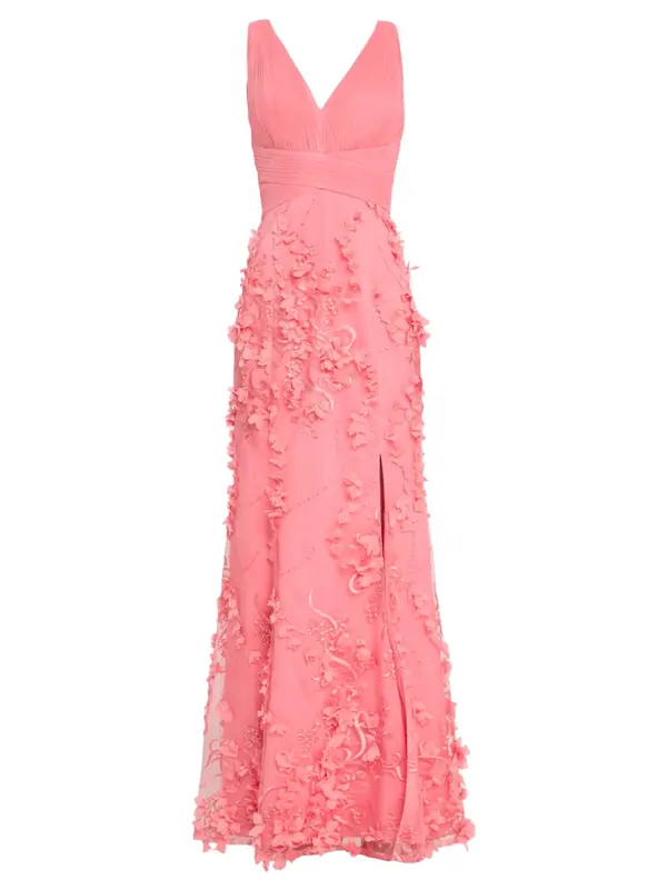 Aidan Mattox Embroidered Floral Applique Gown - Salmon Pink