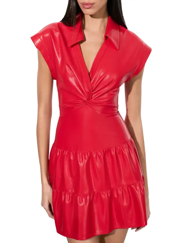 Alice + Olivia Vegan Leather Mini Dress - Bright Ruby