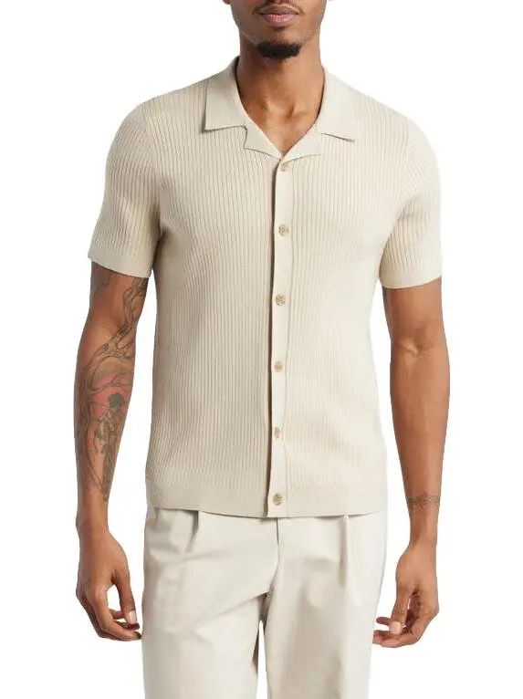 OPEN EDIT Ribbed Camp Collar Cardigan - Beige Birch