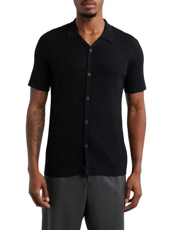 OPEN EDIT Ribbed Camp Collar Cardigan - Black
