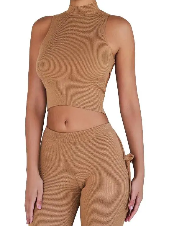 MISTRESS ROCKS Sleeveless Ribbed Cutout Crop Top - Brown