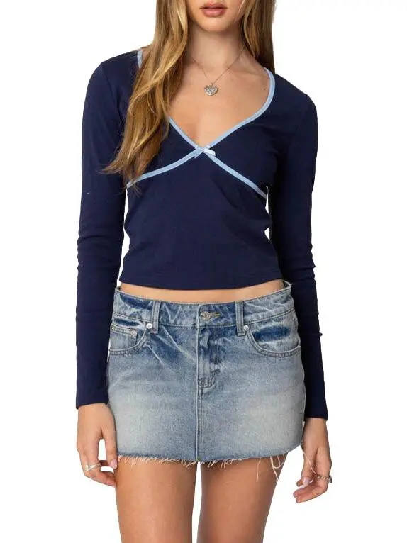 EDIKTED Corie Contrast Trim V-neck Top - Navy