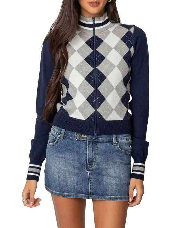 EDIKTED Madisen Argyle Cardigan - Navy