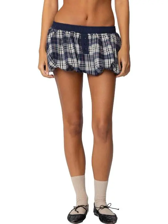 EDIKTED Dianna Plaid Bubble Hem Miniskort - Navy