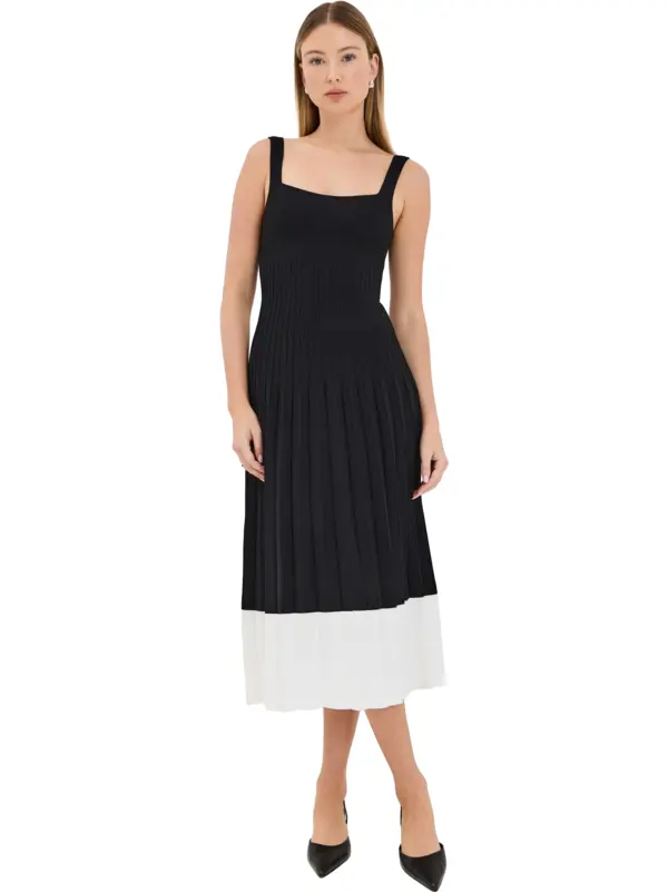 Staud Ellison Pleated Midi Dress - Black/ivory