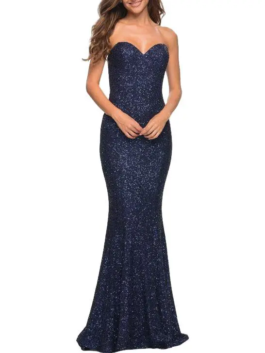LABOMME Strapless Sweetheart Sequin Gown - Navy