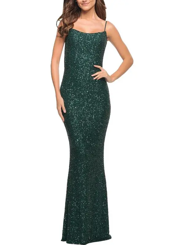 LABOMME Long Sequin Gown With Scoop Neck - Emerald