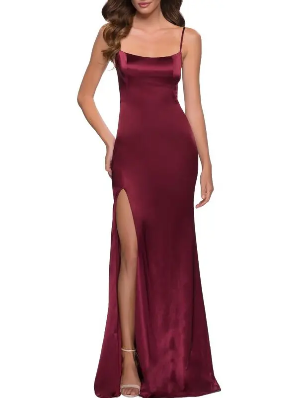 LABOMME Fitted Stretch Satin Gown With U Back - Burgundy