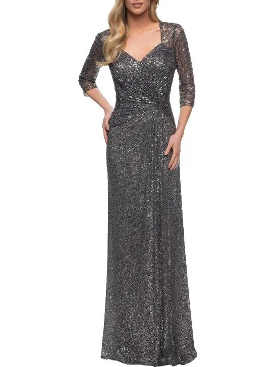 LABOMME Sequin Evening Gown With Knot - Gunmetal