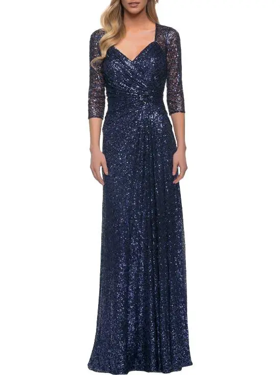 LABOMME Sequin Evening Gown With Knot - Navy