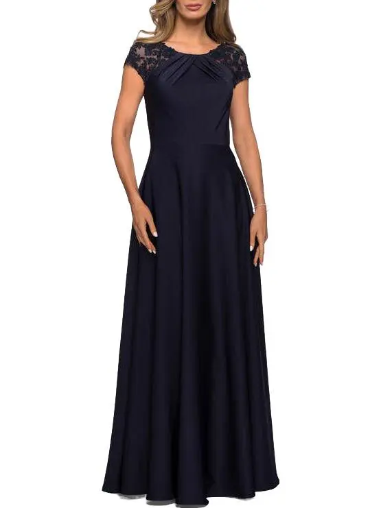 LABOMME Long Satin Gown With Lace Cap Sleeves - Navy