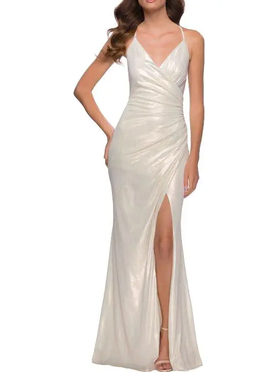 LABOMME Wrap Style Metallic Gown With Ruching - White/gold