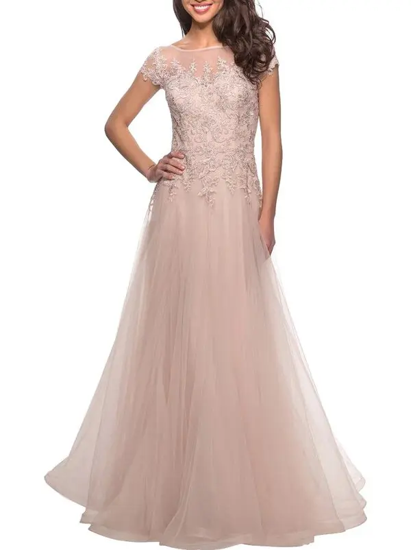 LABOMME Long Tulle Gown With Lace Bodice And Pockets - Light Blush