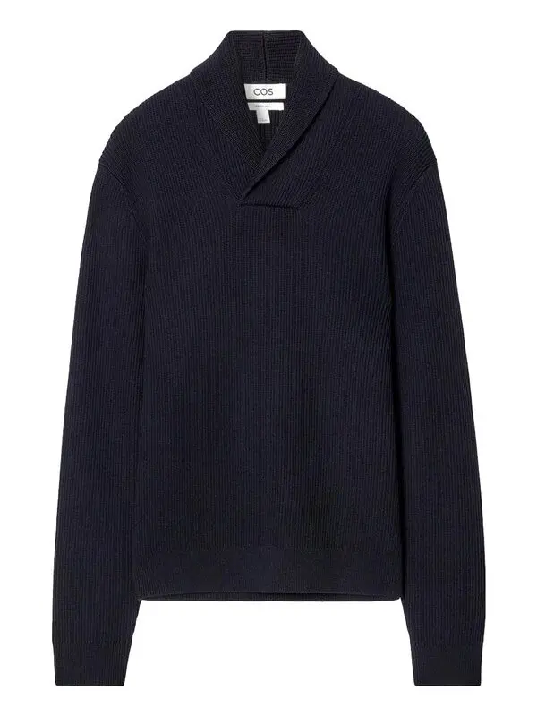 Cos Shawl-collar Ribbed Merino Wool Sweater - Navy