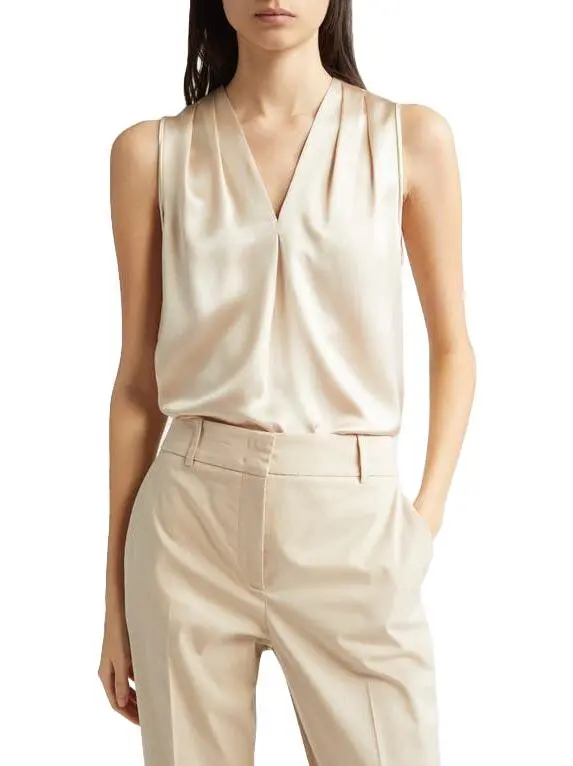 Eleventy Pleated Sleeveless Silk Satin Top - Sand