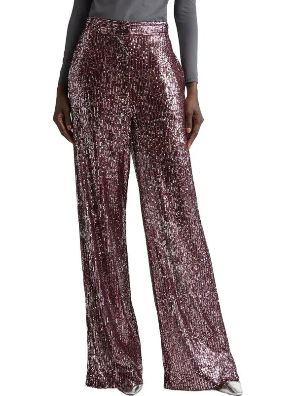 St. John Sequin Embroidered Wide Leg Pants - Oxblood
