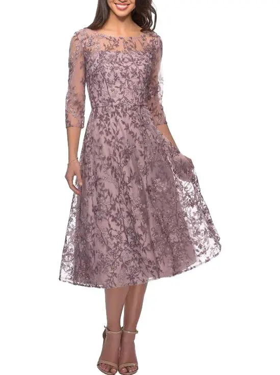 LABOMME Tea Length Embroidered Dress - Dusty Lilac