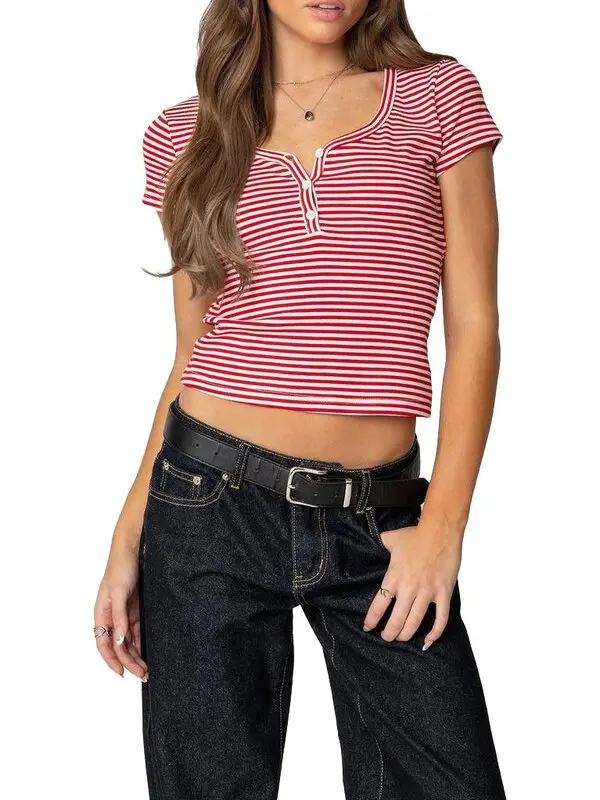 EDIKTED Kady Stripe Henley Top - Red