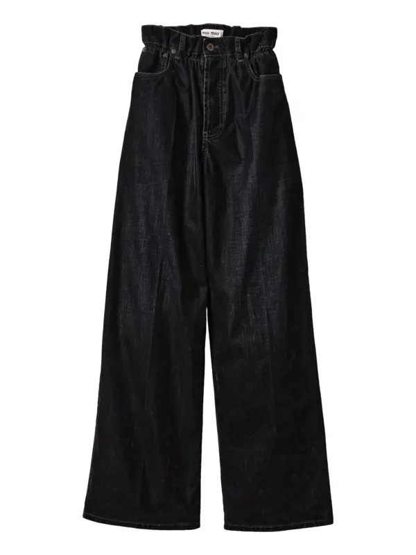 Miu Miu Washed Flocked Chambray Wide Leg Pants - Black