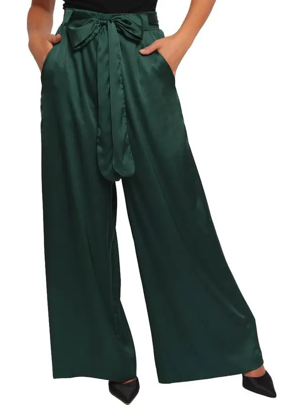 PETAL & PUP Alie Satin Wide Leg Pants - Emerald